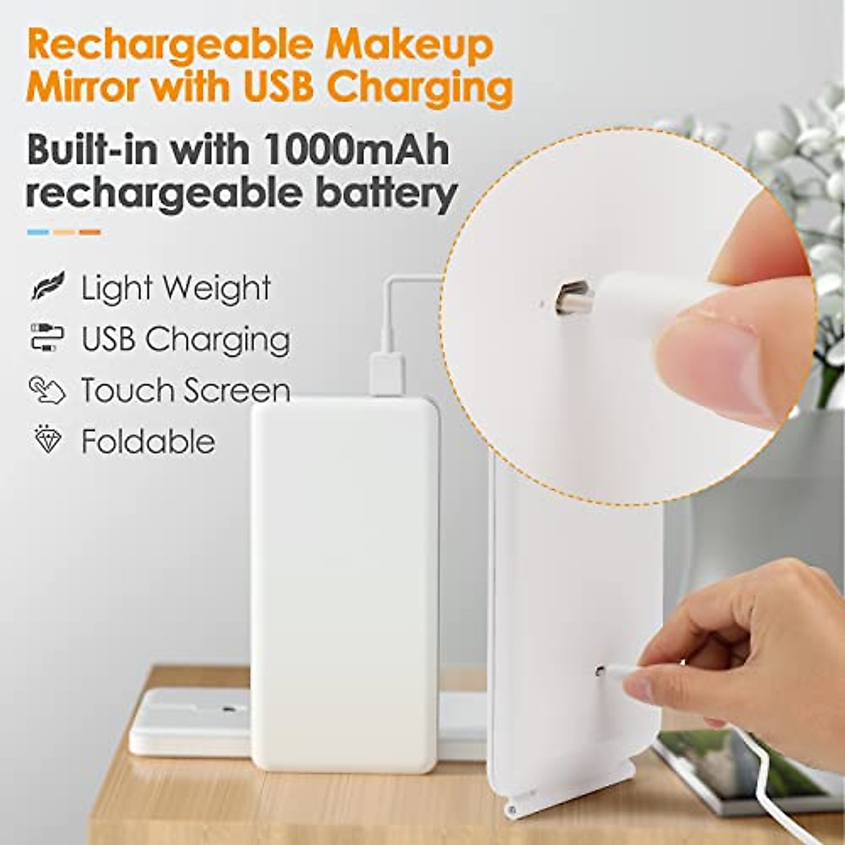 Rechargeable Travel Makeup Mirror 72 LED Lighted Makeup Mirror Travel Mirror Compact Slim LED Vanity Mirror with Lights Lighted Makeup Mirror with 3 Lighting Modes Dimmable Touch Screen (White)