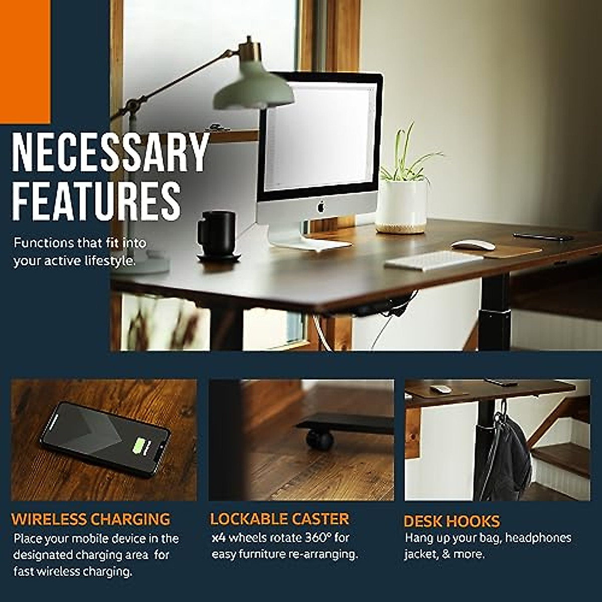 SuperHandy Standing Desk Adjustable Height (63'' x 30'') w/Wireless Charging, USB-C & AC Outlets, 3 Memory Presets - Large Electric Sit-Stand Adjustable Height up to 49'' - Rustic Wood