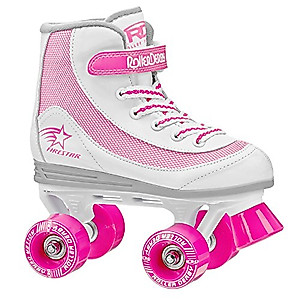 Roller Derby Firestar Youth Girl's Quad Roller Skates, White/Pink, Size 13