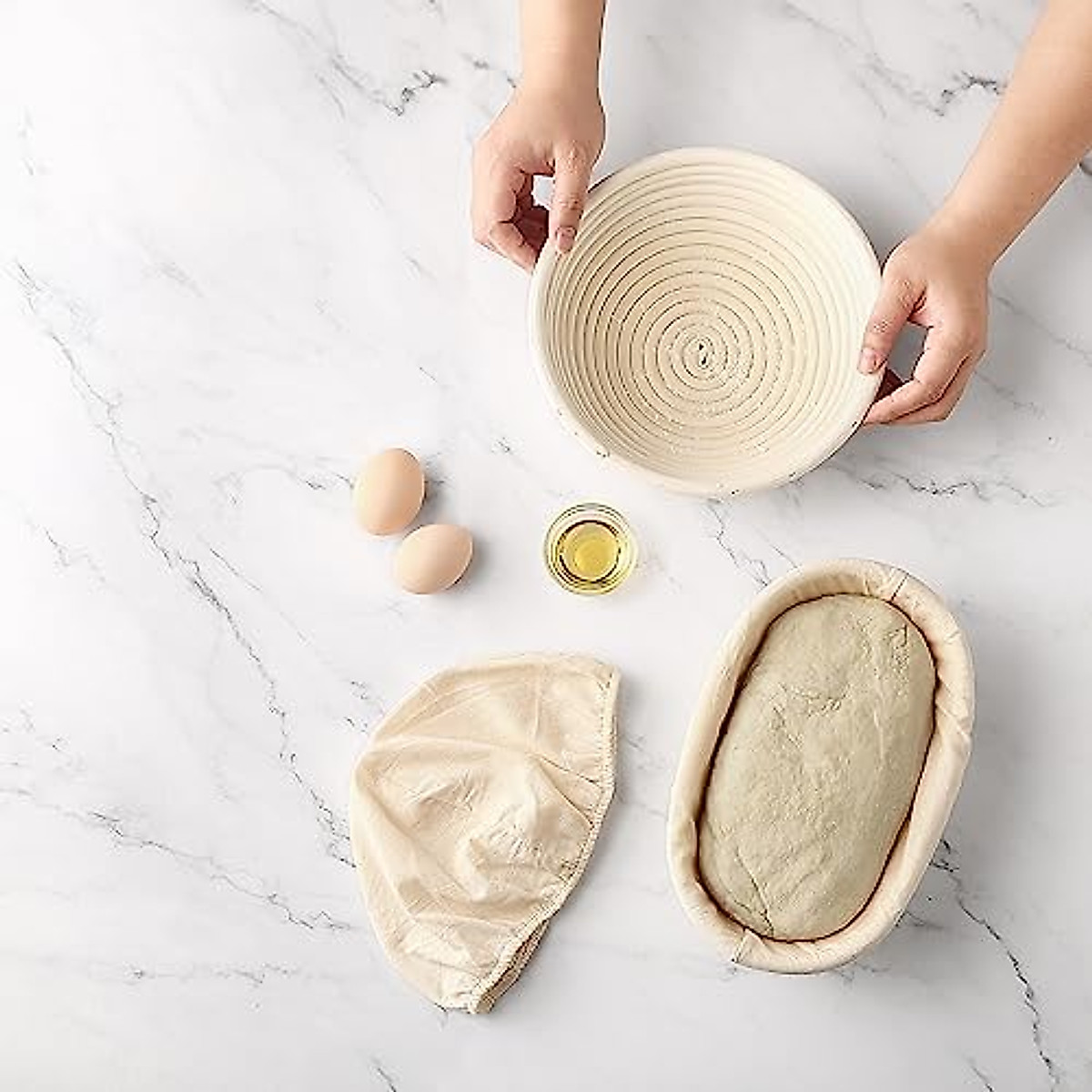 Saint Germain Bakery Premium Round Bread Banneton Basket with Liner - Perfect Brotform Proofing Basket for Making Beautiful Bread - Ultimate Bread Bundle (9 in. Round/10 in. Oval)