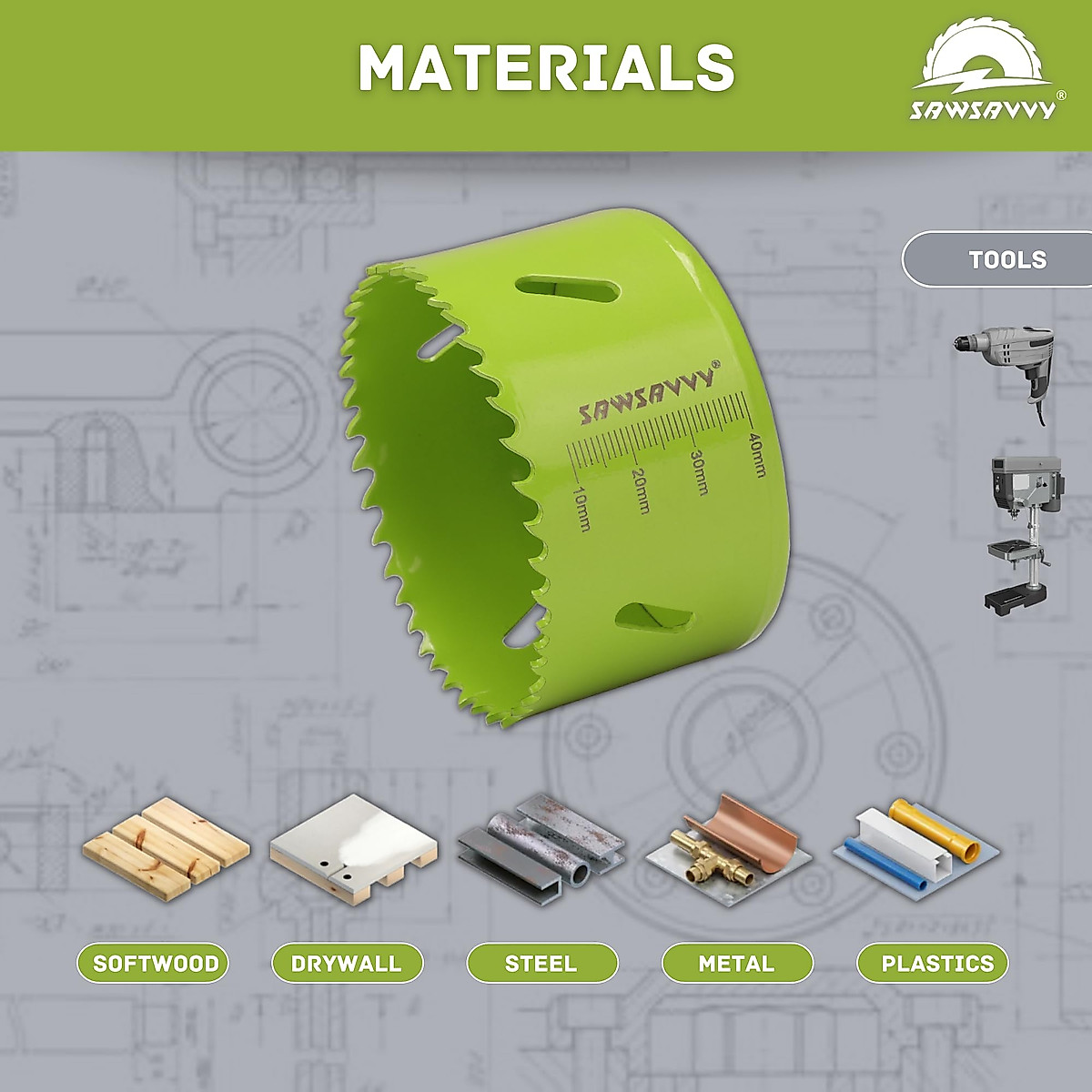 SAWSAVVY 2 inch Hole Saw for Wood Metal Drywall, Hole Saw Drill Bit, Bi-Metal Hole Cutter with Hex Shank Pilot Drill Bit Adapter, 2 Hole Saw (51mm), 1 5/8 inch Cutting Depth
