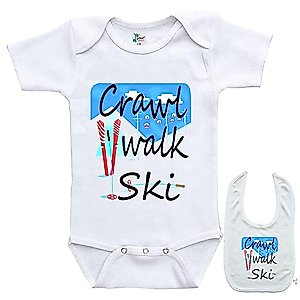Crawl Walk Ski -Cute Snow Skiing winter sports Baby bodysuit onesie & bib Set