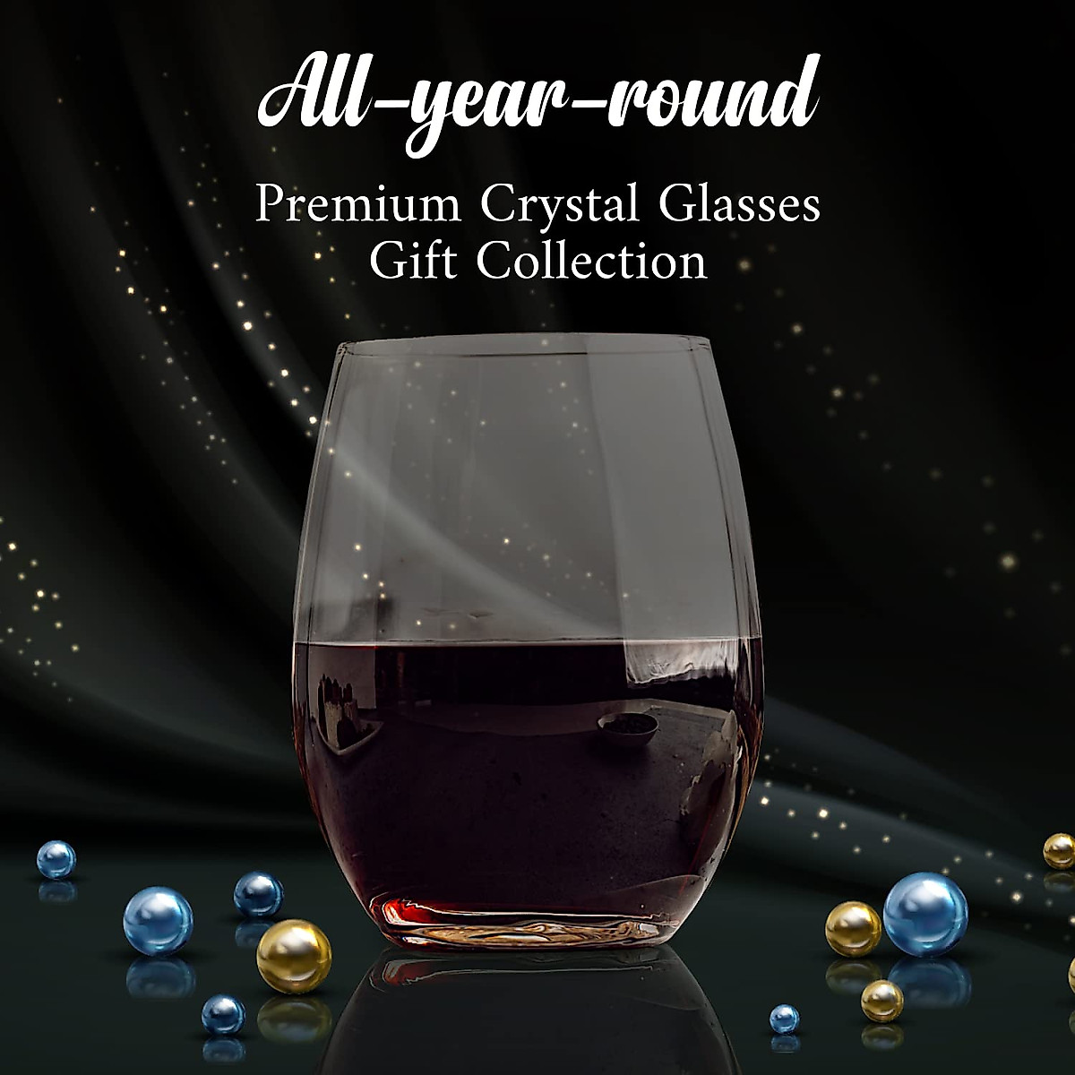 Season STORY Crystal Stemless Wine Glasses Set of 4-15 oz, Red Wine Glasses, Copas De Vino De Cristal Elegantes, Chardonnay Wine Glasses, pinot noir wine glass set, gift set for wedding, birthday