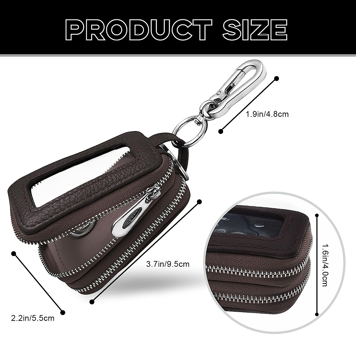 Car Key Fob Case, Double Zipper Genuine Leather Protection Key, Universal Premium Car Key Fob Case, Metal Hook and Keyring with Transparent Window for Men Women (Coffee)
