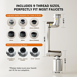 Frizzlife 1440° Swivel Faucet Extender Sink Aerator, 3-Mode Sprayer Water Filter Extension, 1080° Robotic Arm + 360° Rotating Universal Tap Attachment For Bathroom/Kitchen ＆ Washing Hair/Face/Kids Use