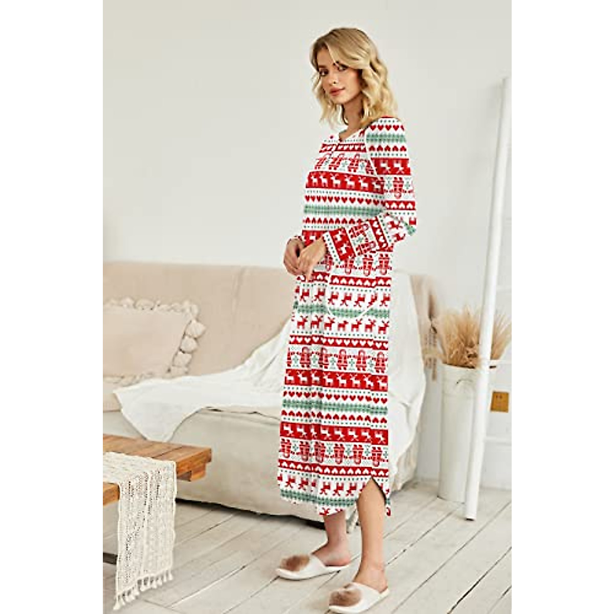 Ekouaer Women's Nightgown V-Neck Loungewear Long Sleeve Sleepwear Full Length Nightgown for Women S-4XL