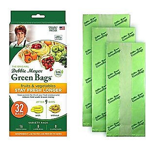 Debbie Meyer GreenBags 32-Pack (16M, 8L, 8XL) – Keeps Fruits, Vegetables, and Cut Flowers, Fresh Longer, Reusable, BPA Free, Made in USA