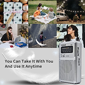 FEZEQIN F-126 Portable Radio AM FM Battery Operated Radio Compact Transistor Excellent Reception with Tuning Light, Back Clip, Speaker Headphone Jack for Walking, Camping and Emergency (Silver)