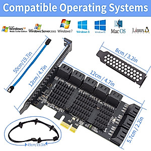 ACTIMED PCIE SATA Card 16 Port with 16 SATA Cable, 6 Gbps SATA 3.0 Controller PCI Express Expansion Card with Low Profile Bracket, Support 16 SATA 3.0 Devices, Compatible with Windows,MAC,Linux System
