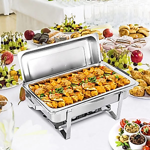 HONHPD Upgrade 8 Qt 4 Pack Full Size Stainless Steel Chafing Dishes Buffet Set,Silver Rectangular Catering Chafer Warmer Set with Trays Pan Lid Folding Frame for Kitchen Party Banquet Dining,Thickened