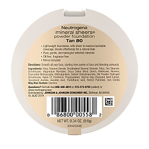 Neutrogena Mineral Sheers Compact Powder Foundation, Lightweight & Oil-Free Mineral Foundation, Fragrance-Free, Tan 80,.34 oz (Pack of 2)