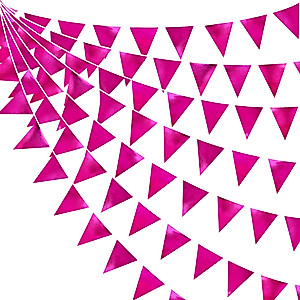 Hot Pink Party Decorations Triangle Pennant Banner Flag Rose Pink Metallic Fabric Bunting Garland for Birthday Bachelorette Wedding Bridal Shower Anniversary Flamingo Barbie Theme Party Supplies