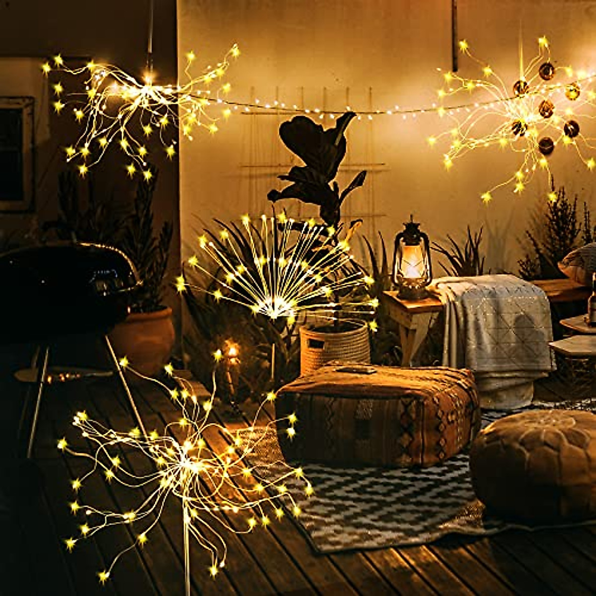 JJGoo Solar Garden Lights, 2 Pack 150 LEDs 2 Lighting Modes Waterproof Fireworks Light for Outdoor Patio Walkway Pathway Decorative - Warm White