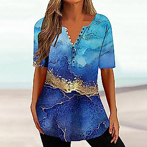 Ceboyel Women Floral Boho Summer Shirts 2023 Short Sleeve Blouses Button Up Henley Tunic Tops Trendy Casual Ladies Clothing Women’S Tops Blue 3X