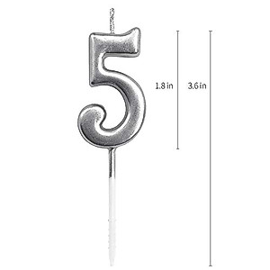 Dollet Silver Birthday Candles Number 5 Cake Topper Decoration Glitter Candle for Party Anniversary Kids Adults