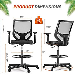 AFO Drafting Mid-Back Mesh Tall Office Stool Chairs with Armrest Adjustable Foot Ring for Standing Desk, Black