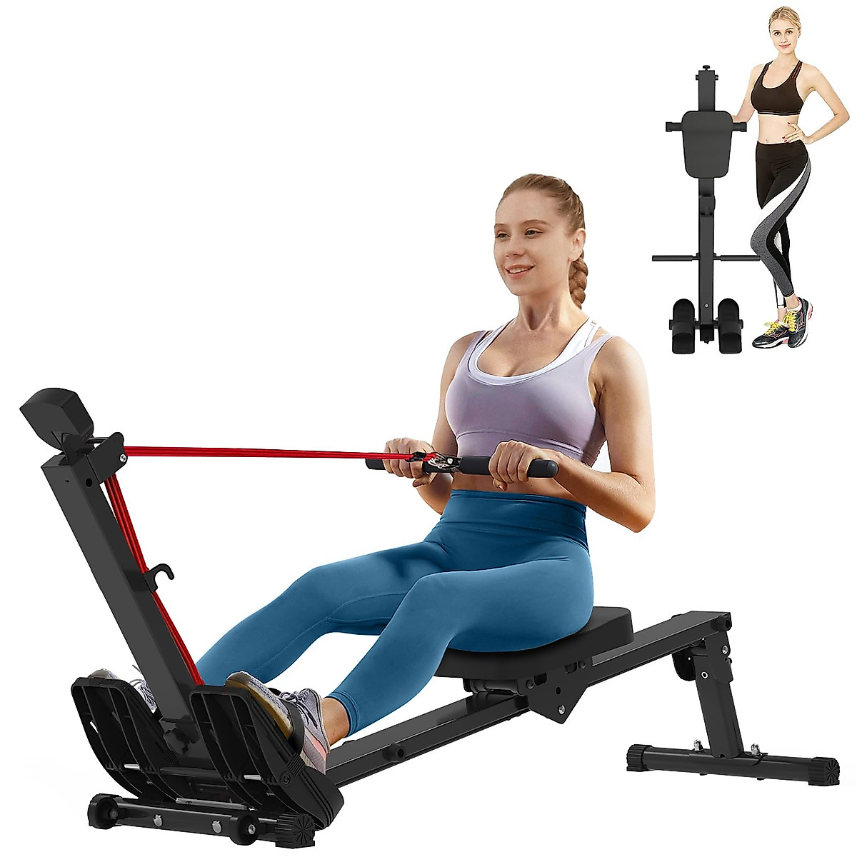 Rowing Machine Foldable, Fitness Rower Machines Cardio Training Adjustable Elastic Portable Compact Rower for Home Use Strength Equipment LCD Display Loading 300 LBS (Black-Red)