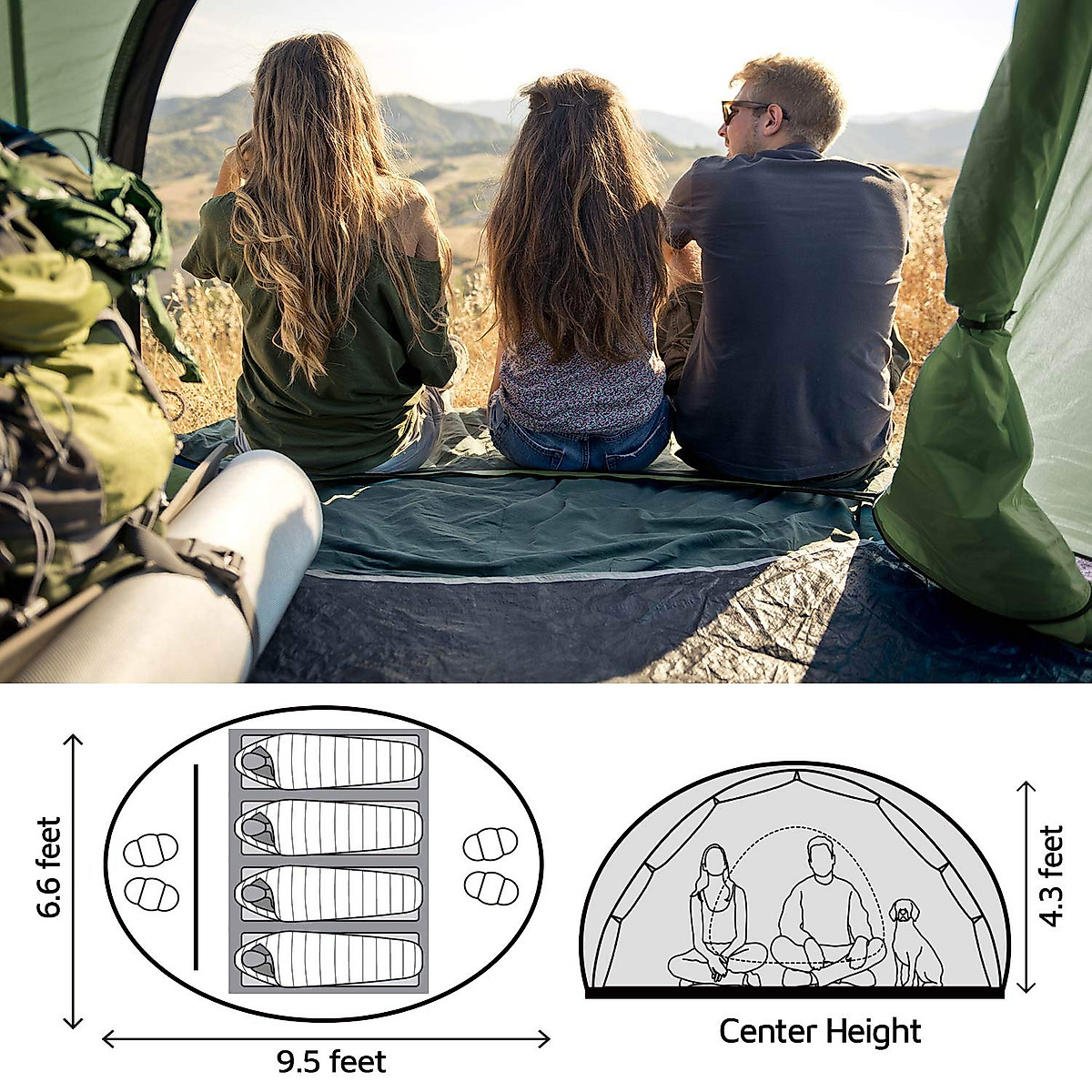 4 Person Easy Pop Up Tent, 9.5‘x6.6’x52'',Waterproof Automatic Setup Tent, 2 Doors-Instant Family Tents for Camping, Hiking & Traveling, Green