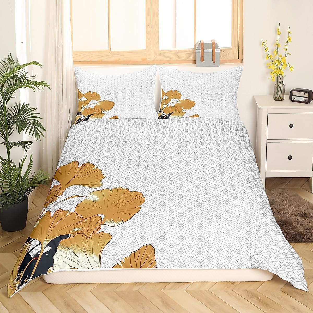 Ginkgo Leaf Bedding Set for Girls Boys Golden Leaf Pattern Comforter Cover Tropical Leaves Duvet Cover Room Decor Ginkgo Leaves Bedspread Cover Full Size Bedding Collection 3Pcs (No Comforter)