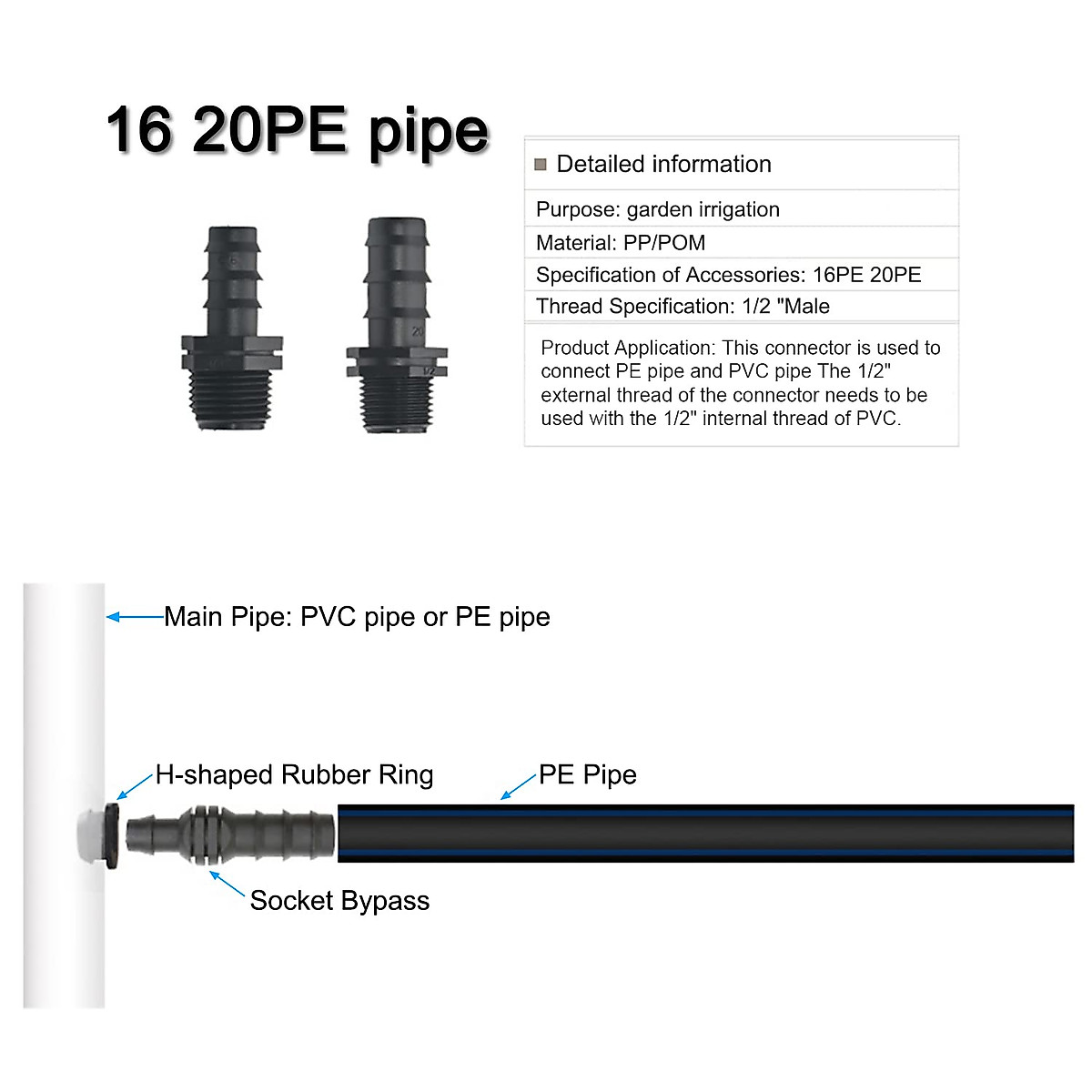 MroMax 10Pcs Drip Irrigation Fittings 1/2" Male Thread Barbed Pipe Connectors External Socket Hose Fitting for Garden Lawn Agricultural Irrigation System Plastic Black, 2.36" length