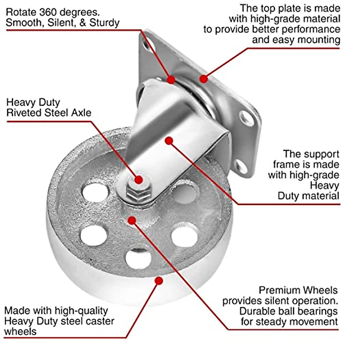 4 All Steel Swivel Plate Caster Wheels Heavy Duty High-Gauge Steel Gray (4" Metal Swivel Caster Gray - No Brake)