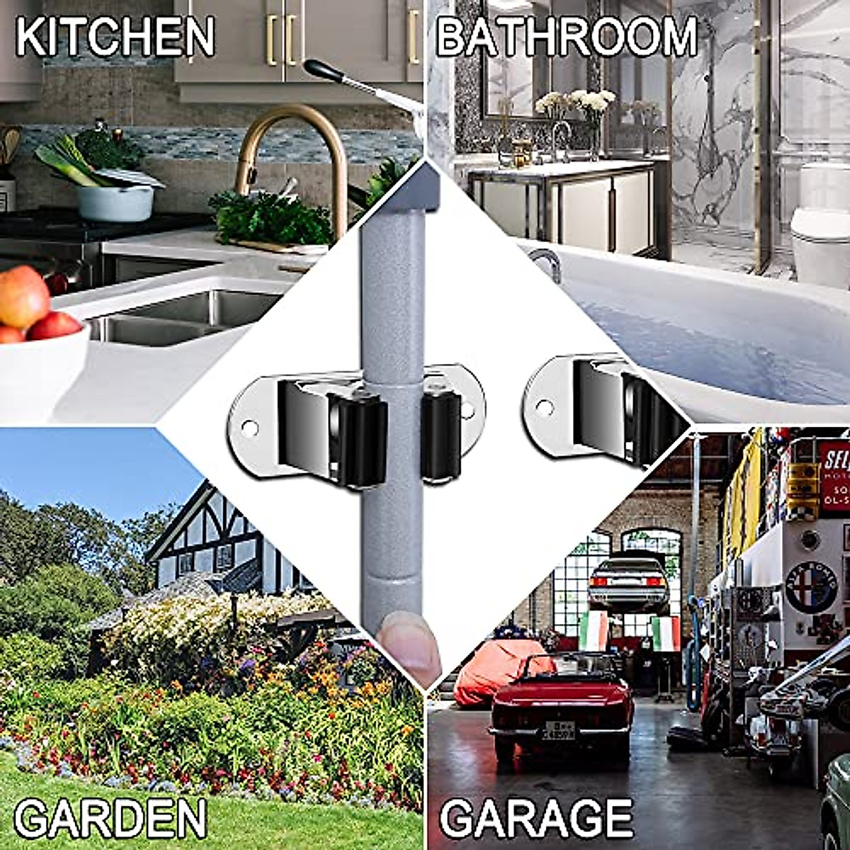 HYRIXDIRECT Mop and Broom Holder Wall Mount Heavy Duty Stainless Steel Wall Mounted Broom Organizer Laundry Room Home Garden Garage Storage and Organization Rack (Silver)