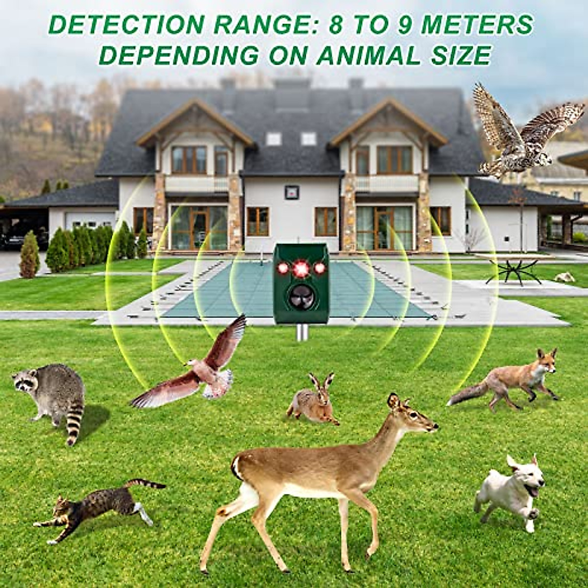 MERMOI Ultrasonic Animal Repeller Outdoor Solar Animal Repeller with Flashing LED Lights,Siren Expelled Cats,Dogs,Deer, Raccoons, Birds, Skunks, Squirrels, Rabbits etc.