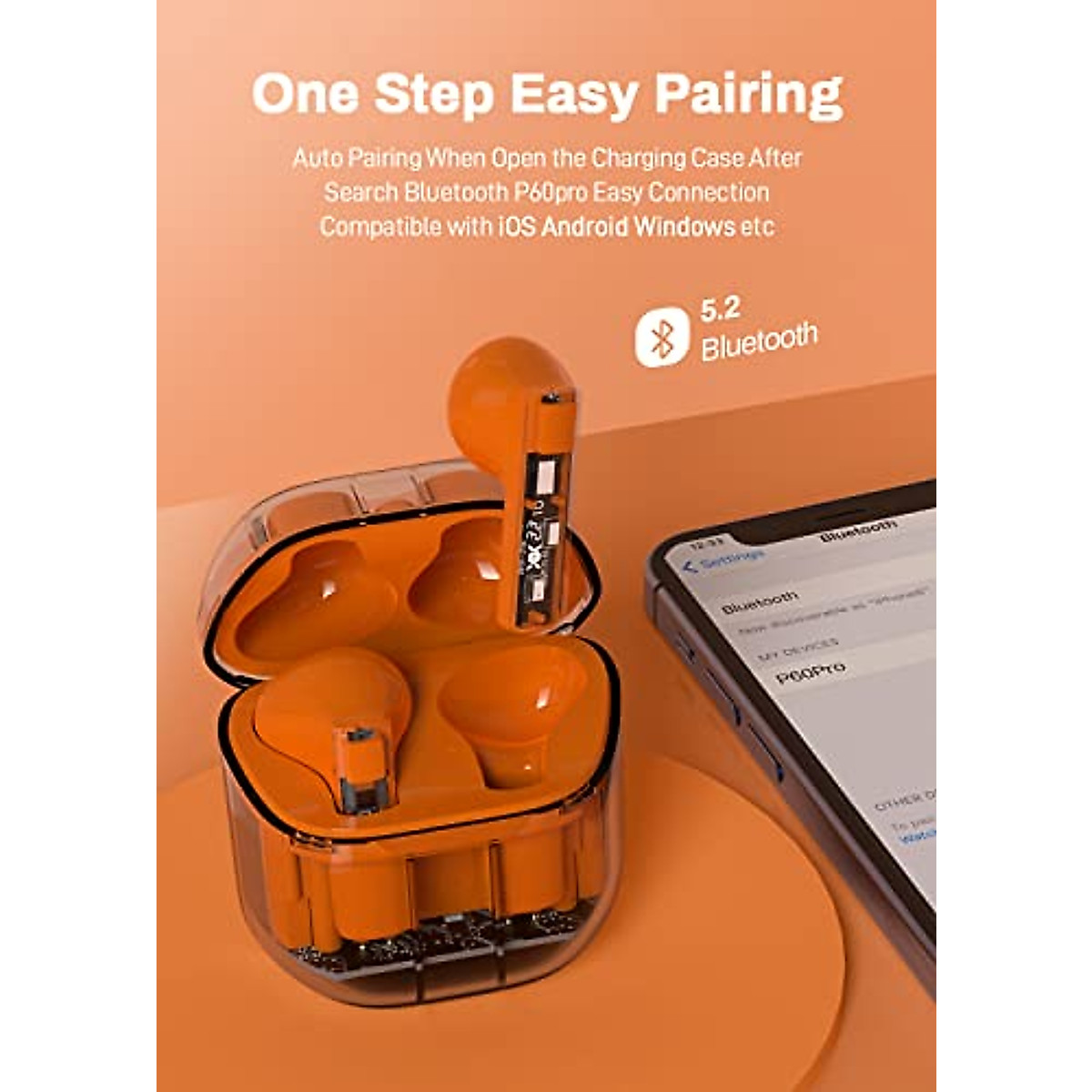 Wireless Earbuds, Bluetooth 5.2 Earbuds 30H Playtime Bluetooth Headphones with Charging Case True Wireless Earbuds with Microphone, Bluetooth Headphones for Sport Working Running Fitness (Orange)