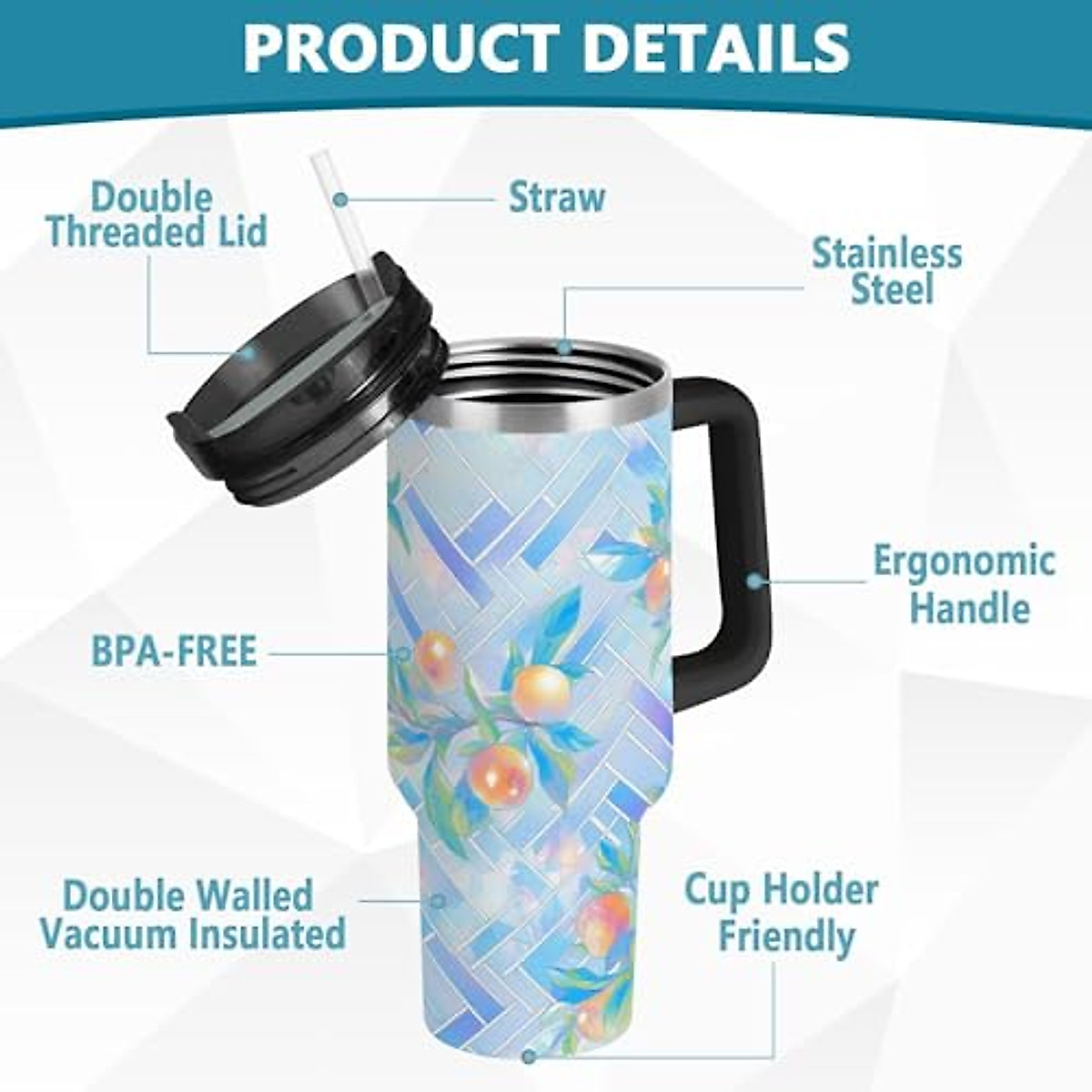 linqin Fruits Stripe Vacuum Tumbler Insulated with Lid and Straw 40 oz Stainless Steel Water Bottles Wide Mouth Travel Coffee Mug for Water, Iced Tea or Coffee