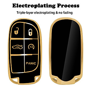 Key Fob Cover for Jeep with Keychain, Daemson Premium Soft TPU Full Protection Key Fob Case for Compass Cherokee Chrysler Challenger Dodge Grand Renegade Wrangler RAM Journey Dart Fiat Durango (Black)