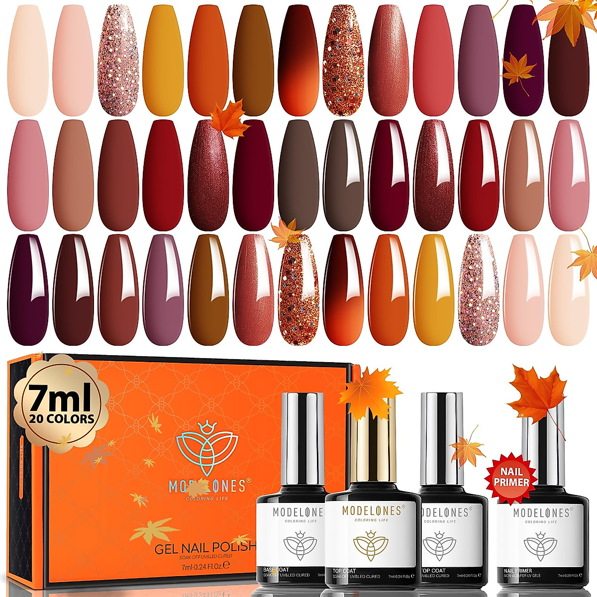 modelones 24 Pcs Gel Nail Polish Kit 7 ML, Fall Brown Nude Orange Gel Polish Set with Bond Primer Glossy&Matte Top Base Coat Manicure Gifts for Women