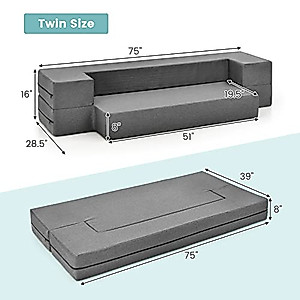 Giantex 8 Inch Folding Sofa Bed Couch, Memory Foam Futon Mattress Linen Fabric Sofa, Floor Couch Lounge Sleeper Bed for Living Room Bedroom Guest Room, Dark Grey, Twin
