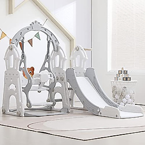 MERIT play Toddler Slide Kids Slide and Swing Set, 4 in 1 Baby Slide Climber Playset with Basketball Hoop and Safety Swing Set, Indoor Outdoor Backyard Baby Playground Toys for Toddlers Age 1-5, Grey
