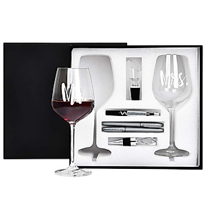 Mr and Mrs Wine Glass Set for Couple- Unique Engagement, Anniversary, Newlyweds, Wedding Gifts for Her, Bride & Groom, Bridal Shower Gifts- FREE Wine Stopper, Bottle Open, Glass Marker & Decanter