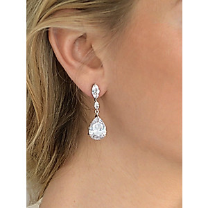 Mariell Cubic Zirconia Crystal Teardrop Dramatic Size Dangle Bridal Earring with Platinum Plating for Wedding, Bridesmaid, Prom Jewelry Gift