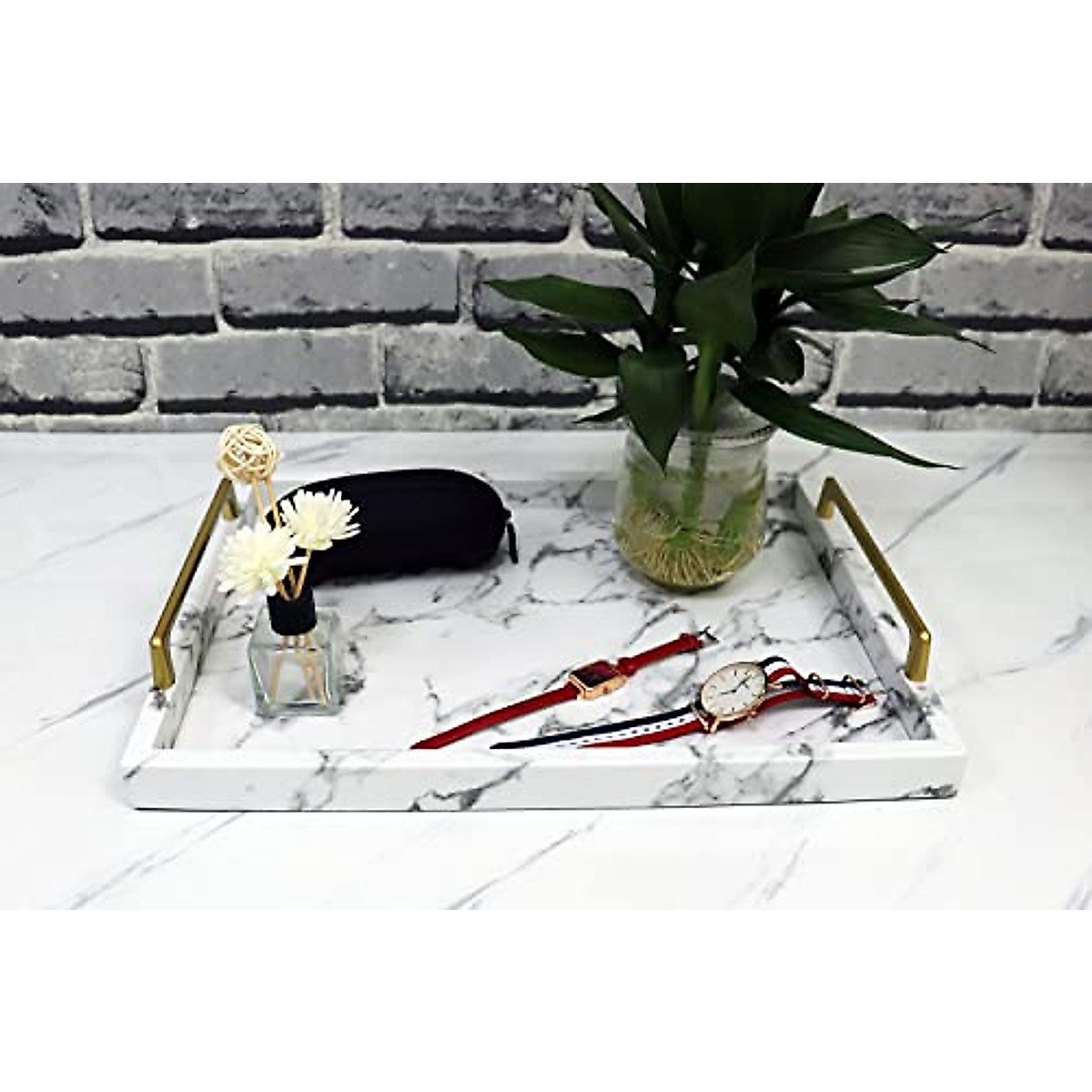 MCBZ Home furnishings, Serving Trays, Coffee Table Decorative Trays, Marbled Leather Trays, Gold Handle Storage Trays (White/Marbled)