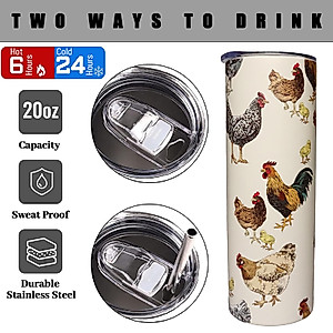 IchDich Chicken Tumbler With Lid and Straw 20 oz Insulated Breeds of Chicken Knowledge Tumbler Stainless Steel Chicken Skinny Tumbler Water Bottle Travel Mug Wine Cups Gifts for Chicken Loves Women