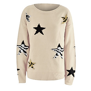 Women's Fall Tops, Chunky Sweater Women Cute Sweaters Long Sleeve Fitted for Ladies Fashion Sweater Roundneck Stars Knit Pullover Sweater Sweatshirts Cream 2022 Cowl Maternity Tops (M, Beige)