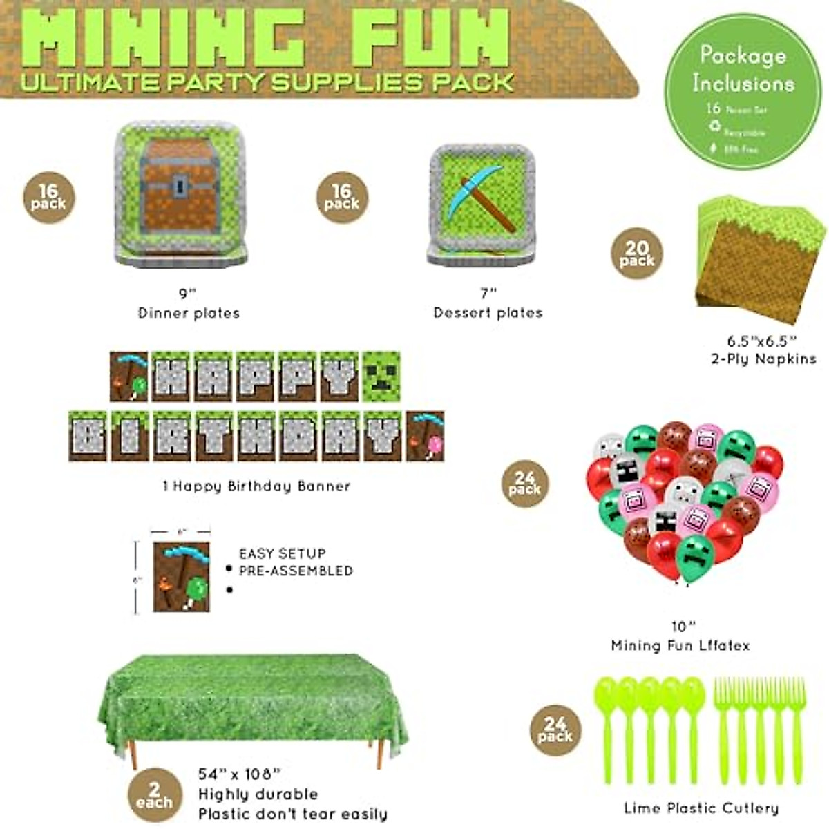 Mining Fun Ultimate Party Supplies Pack (123 Pieces for 16 Guests) - Gamer Party Supplies, Gamer Birthday Decorations, Mining Craft Party, Pixel Miner Party, Gamer Birthday Party, Blue Orchards