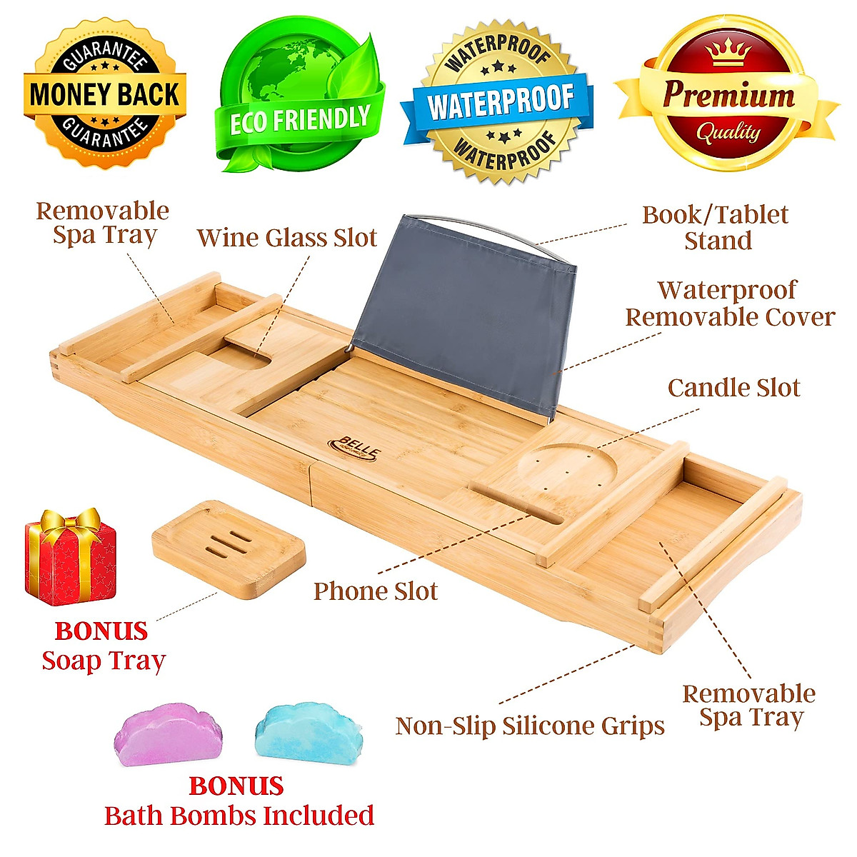 Luxury Bamboo Bathtub Caddy Tray with Two Free Bath Bombs, Soap Holder, and Non-Slip Silicone Grips - Durable and Solid - Expandable Organizer with Removable Spa Trays