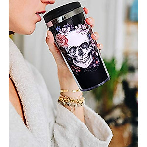CUAJH Skull Flower Travel Coffee Mug, Personalized Coffee Tumbler with Wrap and Lid, Stainless Lined for Women Men, 14 OZ
