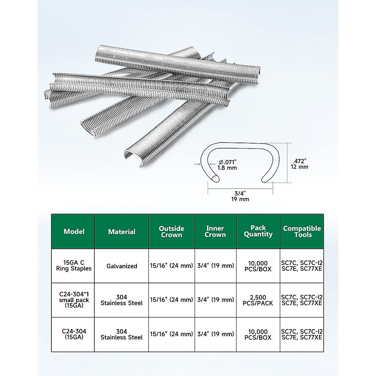 meite SC7 15 Gauge C Ring Staples 3/4" Inner Crown 15/16" (24 mm) Outer Crown Galvanized C Ring Fasteners for C Ring Pliers 10,000 PCS/Box (1 Box)