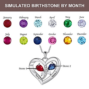 Personalized Mom Necklace with 2 Birthstone 10K 14K 18K Solid Gold Pear Birthstone Necklace for Women Gold Heart Birthstone Necklace with Name Custom Birthstone Necklace Engraved Names for Mom Wife