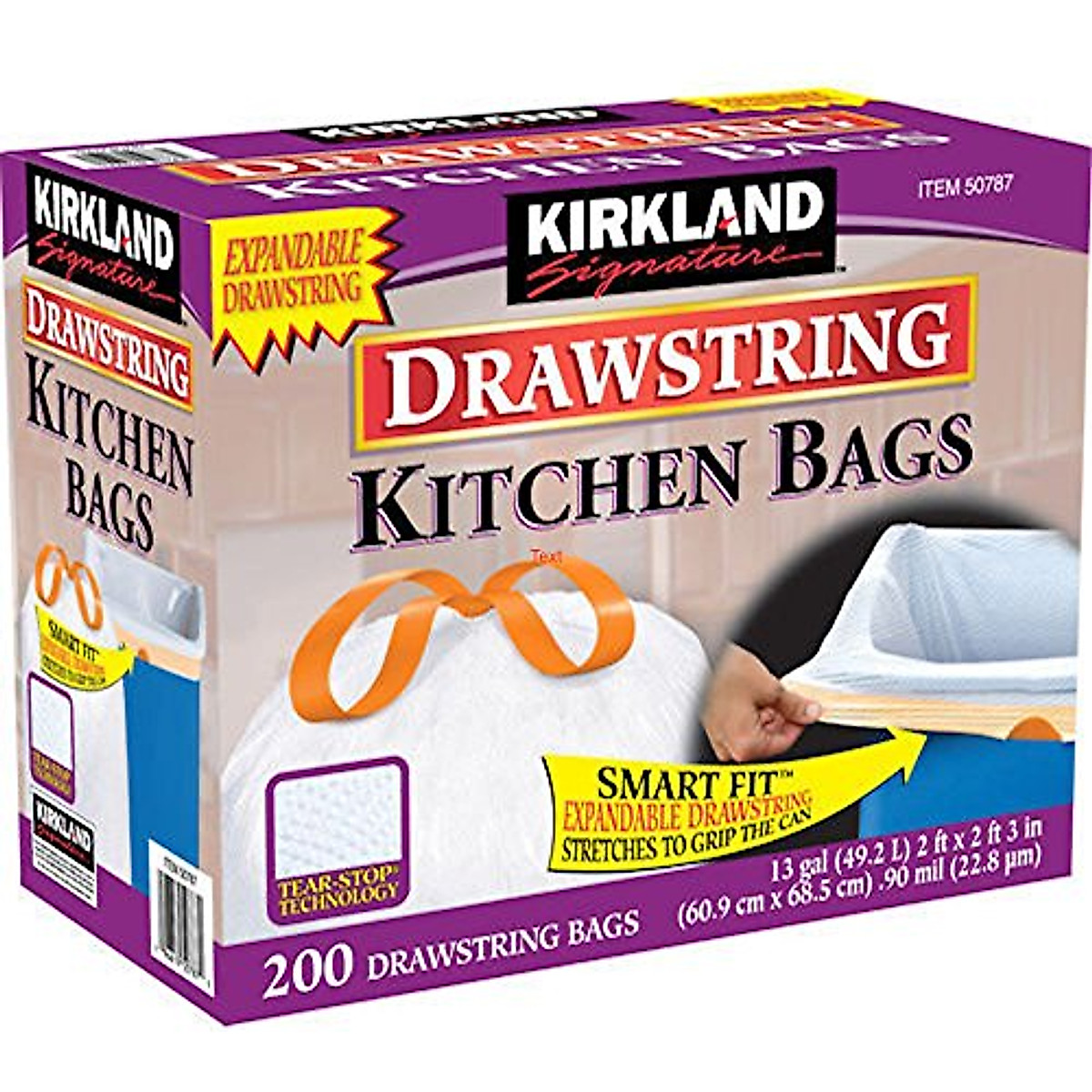 Kirkland Signature 13 Gallon 200 Ct Carton 100% recyclable Heavy Duty Drawstring Kitchen Trash Bags Garbage Bag ,White