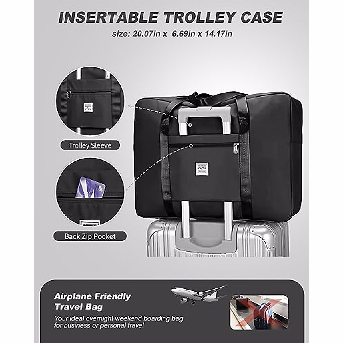 For Spirit Airlines Personal Item Bag 18x14x8 Travel Duffel Bags Tote Carry on Luggage Underseat Luggage Large Foldable Weekender Overnight Bag for Women Men with Trolley Sleeve Black