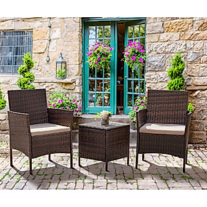 Flamaker Patio Furniture Set 3 Pieces All-Weather Rattan Outdoor Furniture Patio Chairs with Tempered Glass Table for Porch Bistro Balcony (Brown/Cream)