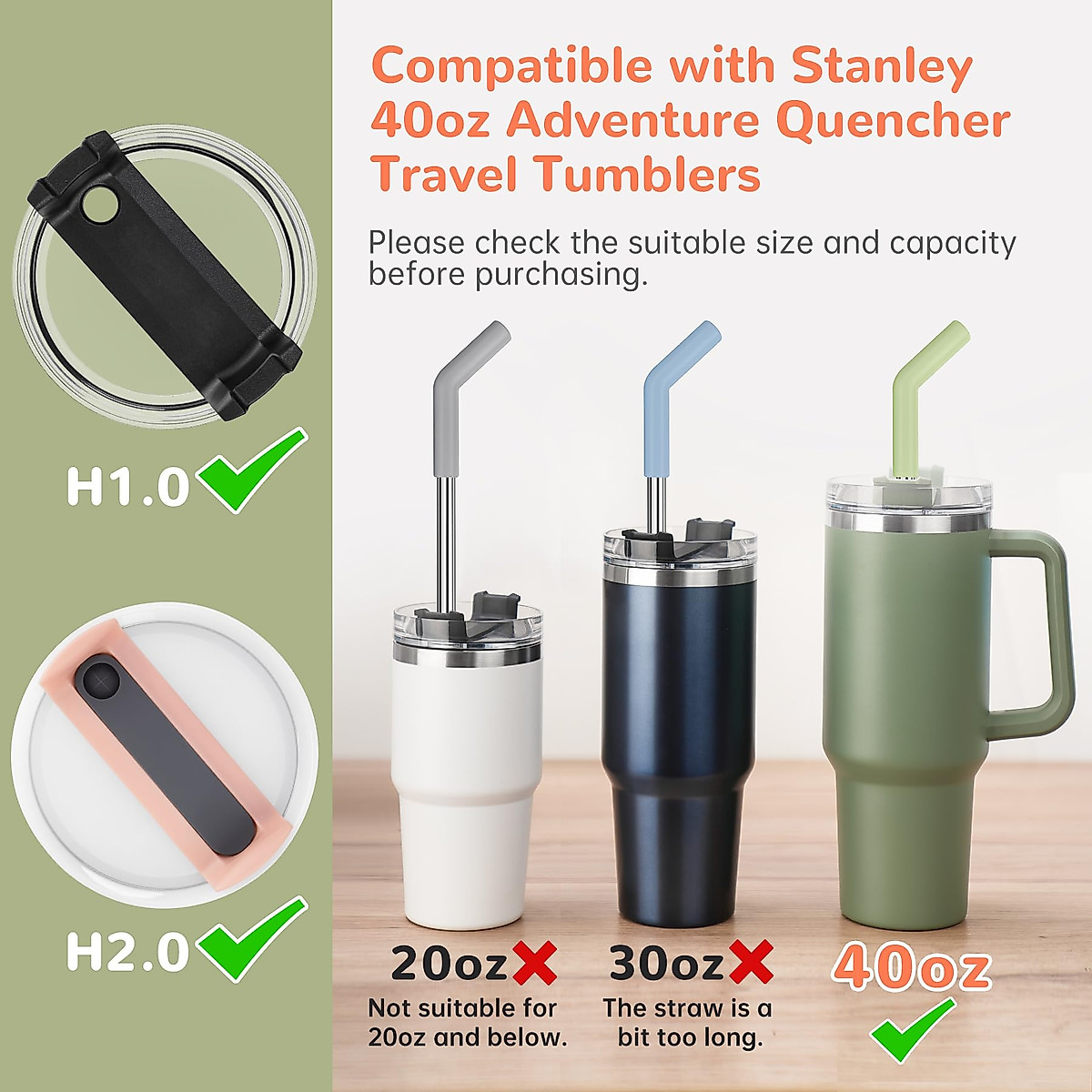 Tomorotec 40oz Straws, 13 Inch Stainless Steel Straw with Silicone Extender Tip for Stanley Adventure Quencher Tumbler 6-Pack with 2 Brushes, 0.35" Diameter Straws Food Grade BPA-Free Colorful Set