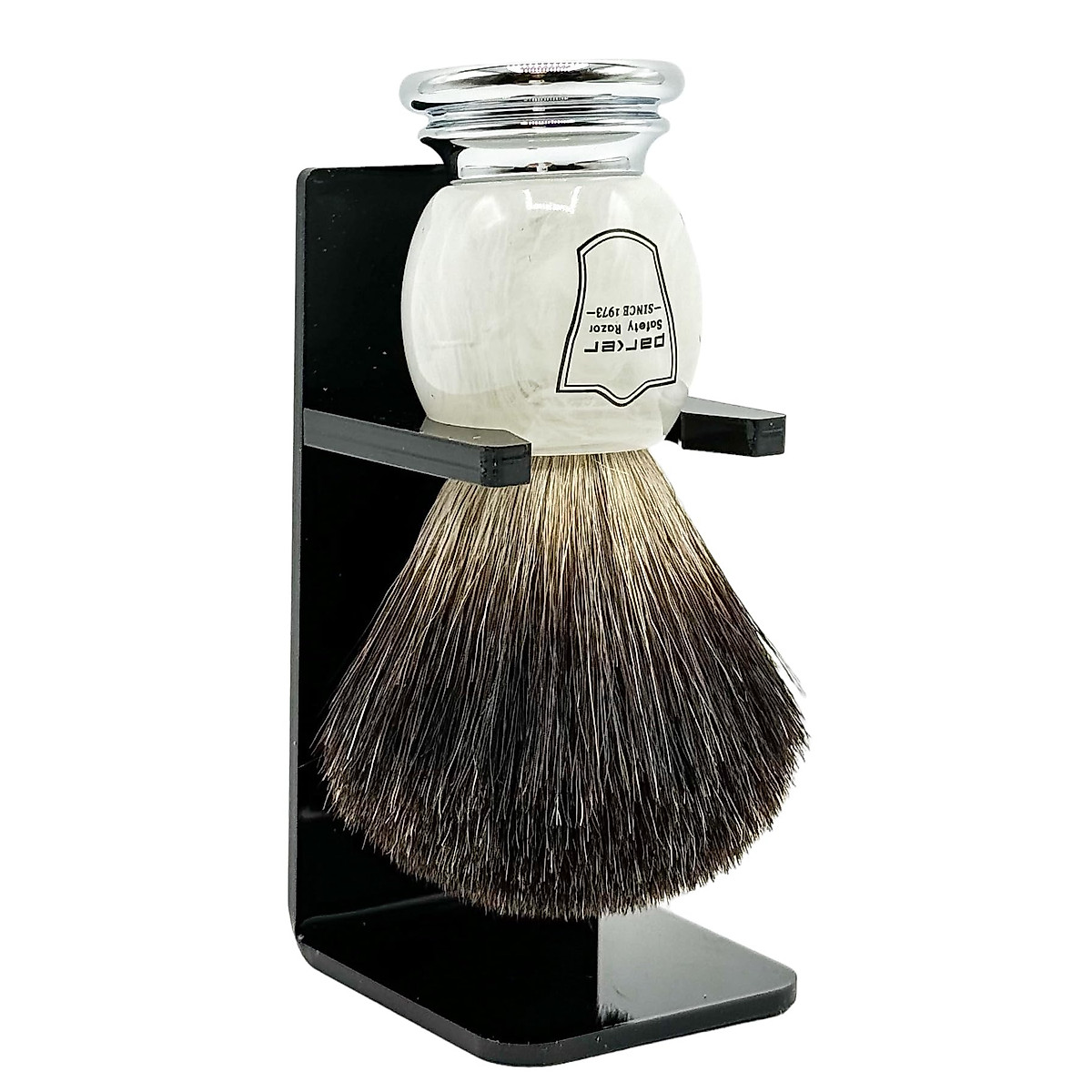 Parker 100% Black Badger Bristle Shaving Brush with Ivory Marbled Handle - Brush Stand Included