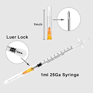 1ml/cc Disposable Syringe with 25 Gauge 1 Inch,Individual Package,Pack of 20