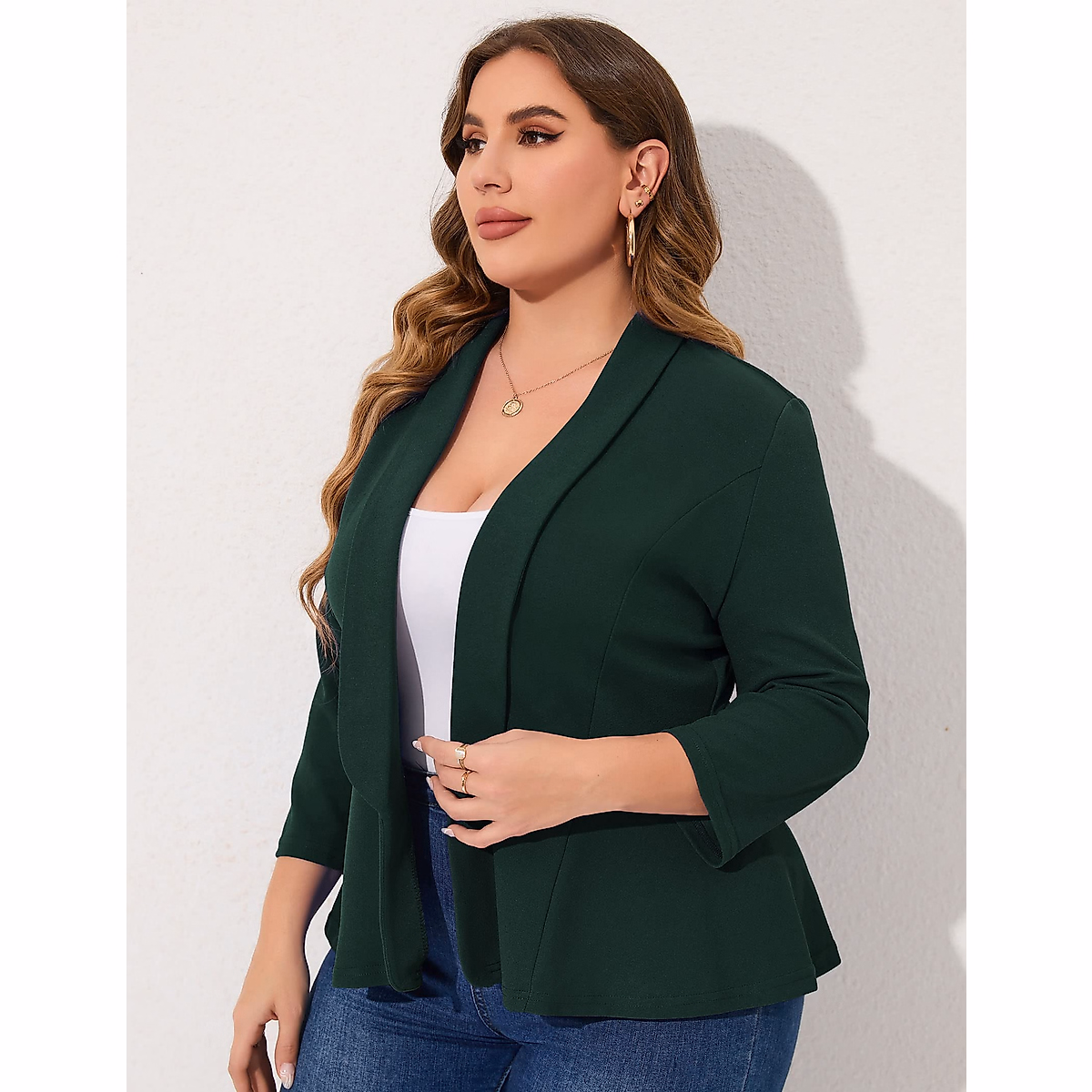 KOJOOIN Women Plus Size Casual Blazer Open Front Long Sleeve Work Office Cardigan Jackets Dark Green 2XL